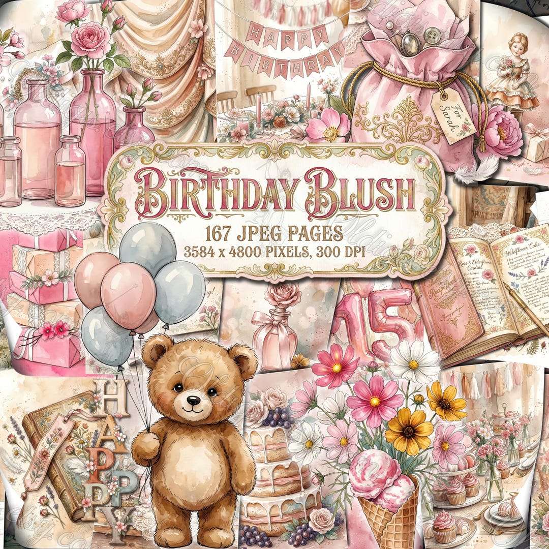 Birthday Blush Junk Journal Pages, Bday Paper, Printable Party Ephemera ...