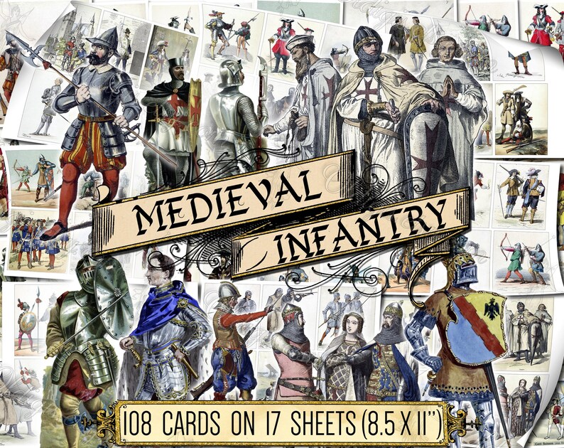 Medieval Infantry Set of 108 Digital Vintage Cards on 17 Sheets With ...