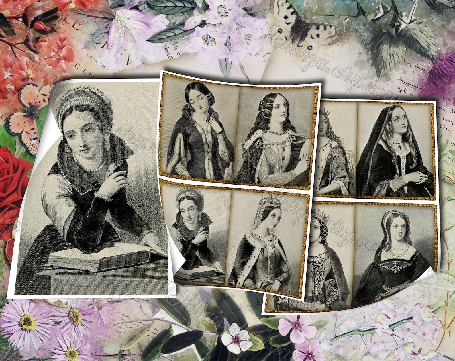 The Queens of England #2 - Set of 8 Old Illustrations With Digital ...