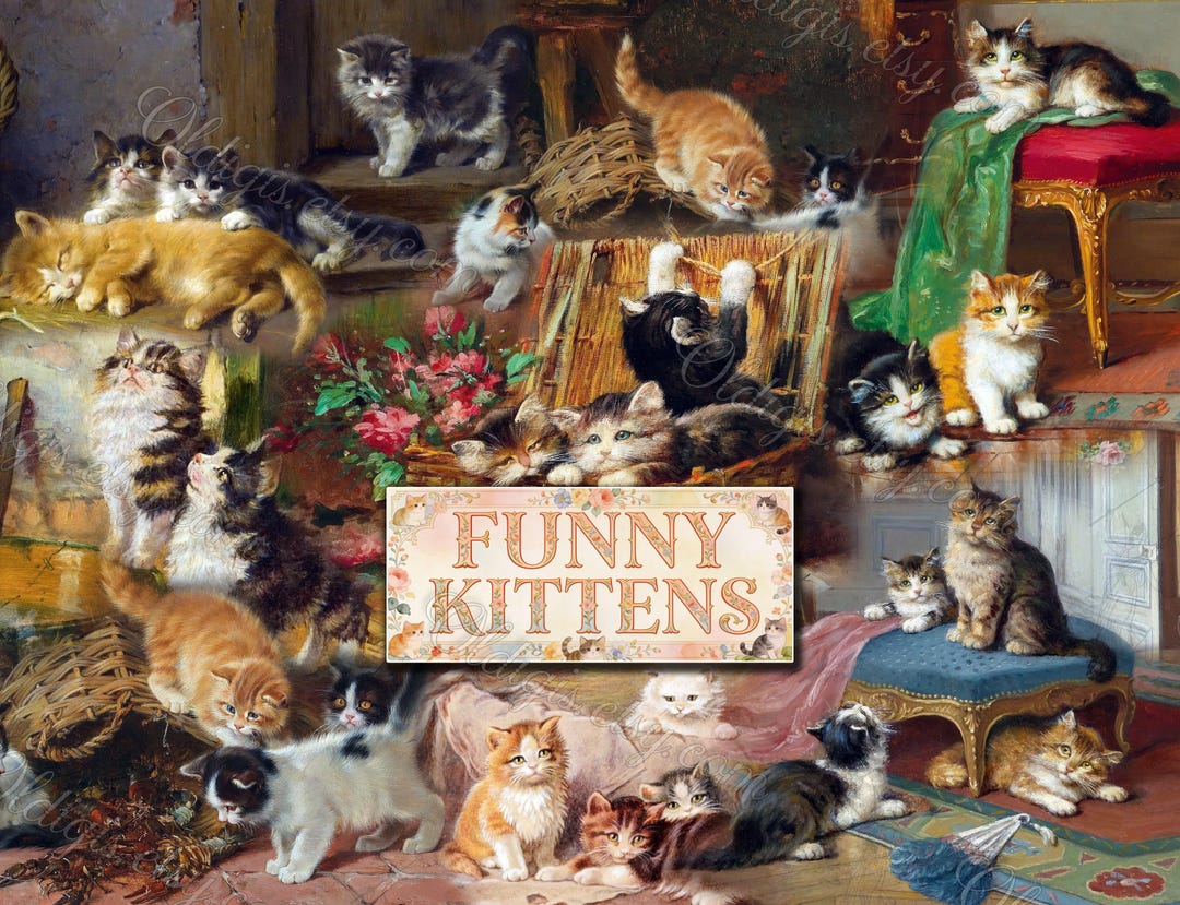 Funny Kittens Vintage Victorian Digital Ephemera, Antique Feline Art ...