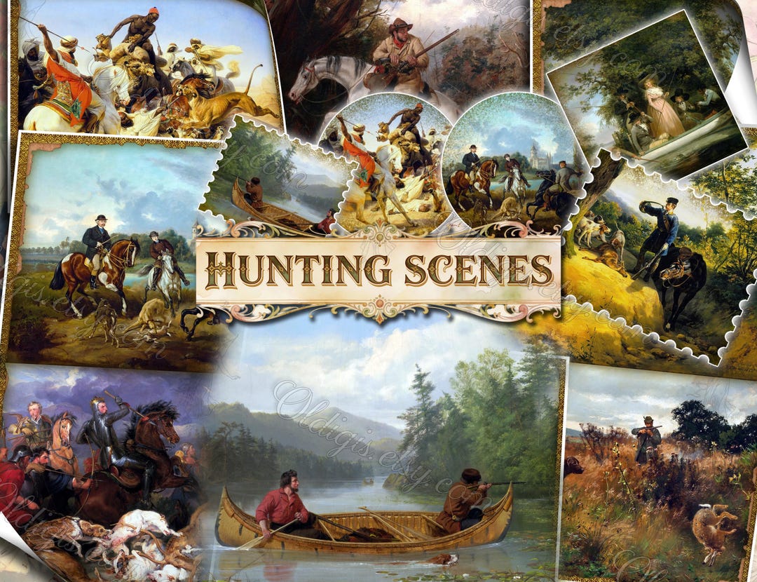 Hunting Scenes Vintage Fine Art Digital Paper, Classical Oil Painting ...