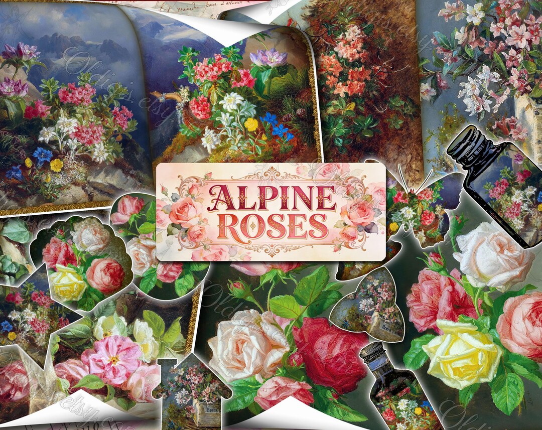 Alpine Roses Vintage Junk Journal Cards, Mountain Landscape, Victorian ...