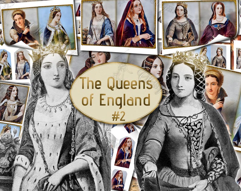 The Queens of England #2 - Set of 8 Old Illustrations With Digital ...