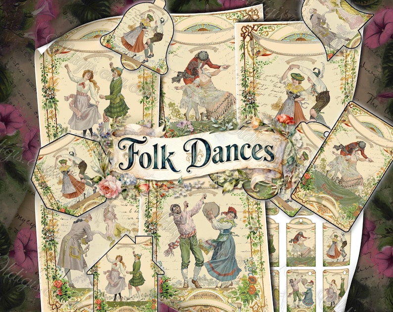 Folk Dances Junk Journal Backgrounds, Vintage Illustrations, European ...