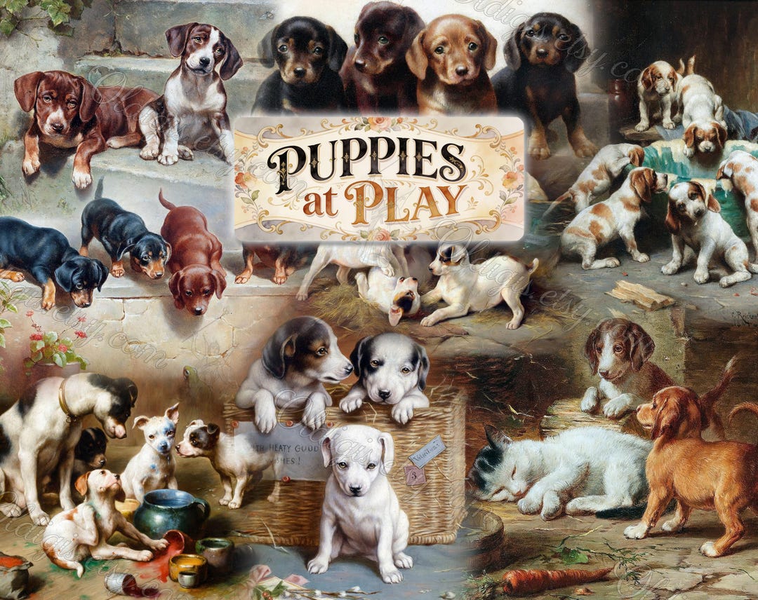 Puppies at Play Vintage Digital Ephemera Collection, Antique Dog ...