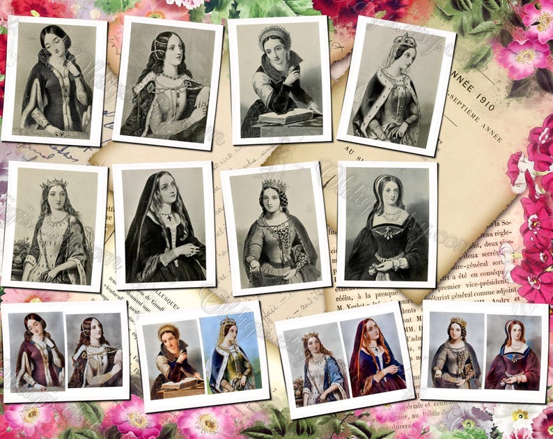 The Queens of England #2 - Set of 8 Old Illustrations With Digital ...