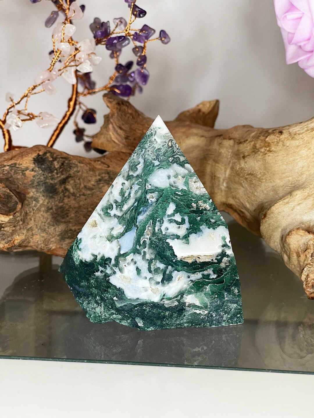 Moss Agate Half Polished Point, Crystal Tower, Crystal Pyramid, Home ...