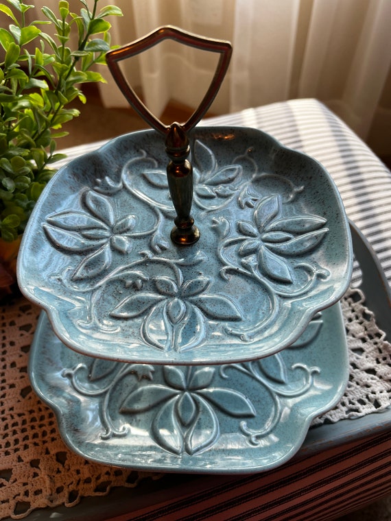 Light Blue Two Tier Ceramic Tid Bit Tray Made in USA Vintage - Etsy