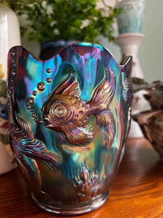 Fenton Blue Carnival Glass Atlantis Vase Koi Fish Design Blue - Etsy