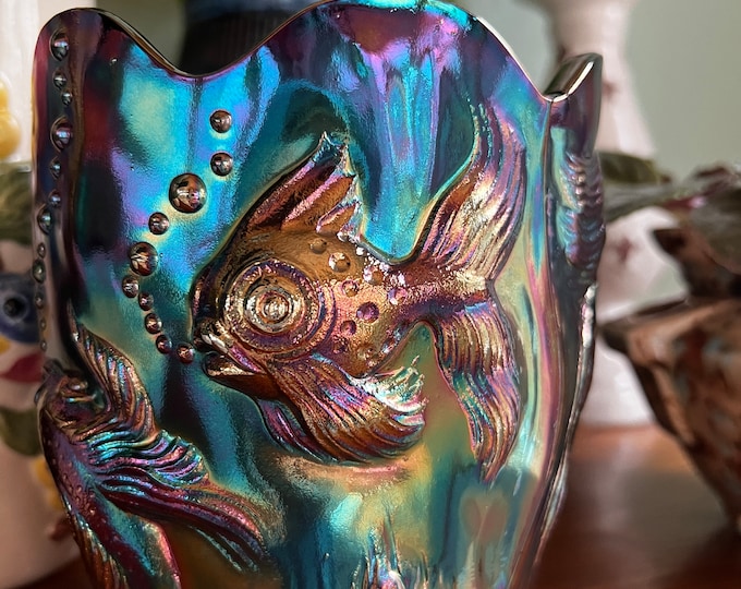 Fenton Blue Carnival Glass Atlantis Vase Koi Fish Design, Blue ...