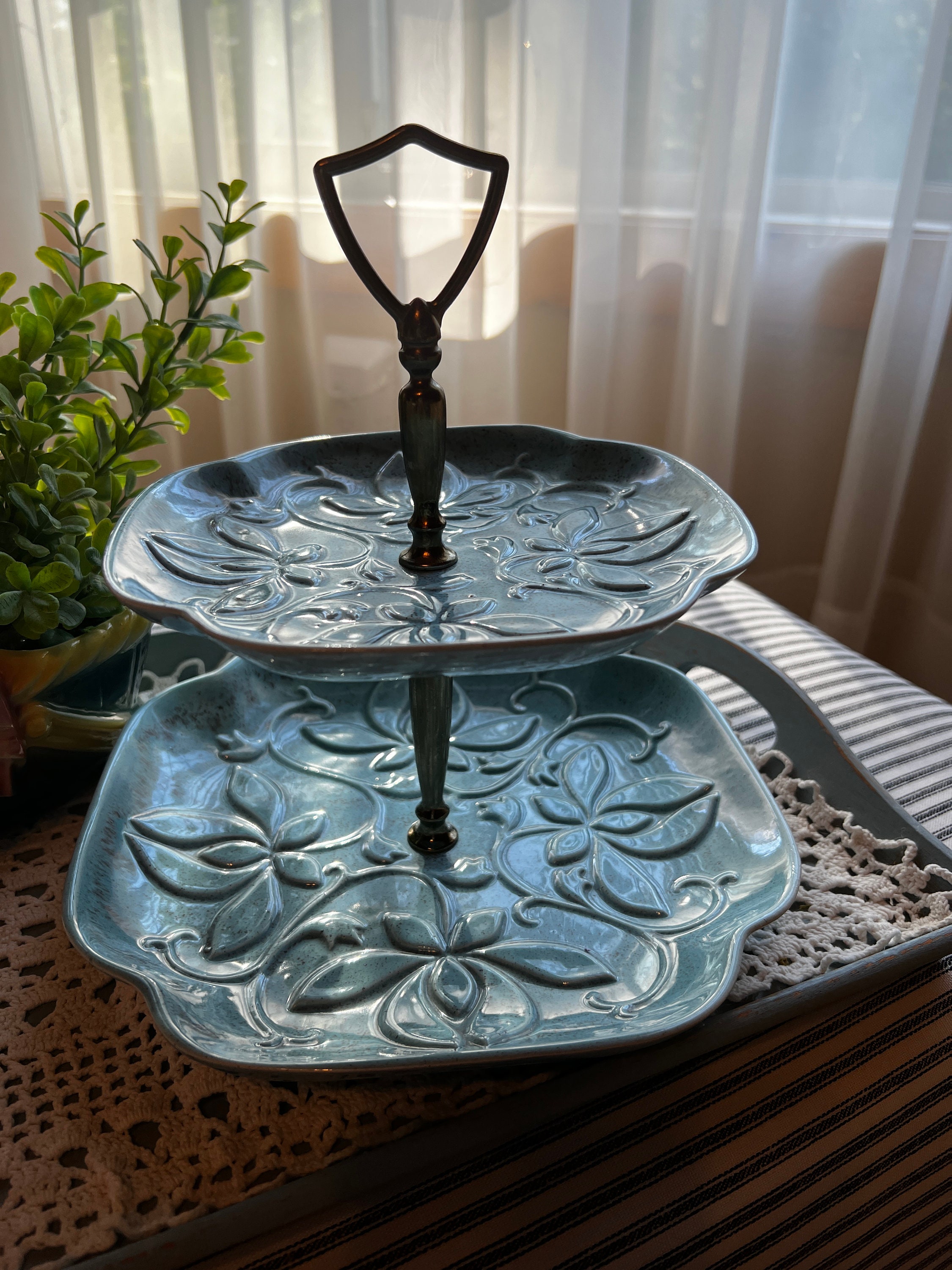 Light Blue Two Tier Ceramic Tid Bit Tray Made in USA Vintage - Etsy