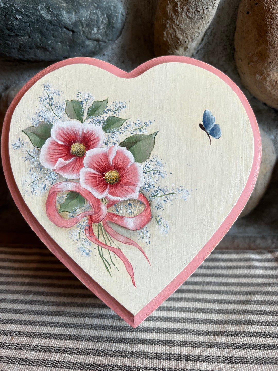 Heart Shaped Wooden Hand Painted Keepsake Box, Floral and Butterfly ...