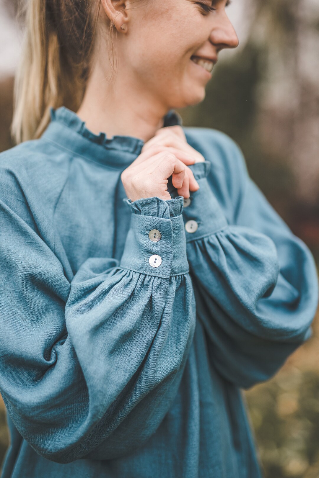 Teal Ruffle Linen Blouse With Long Puffy Sleeves, Loose Ruffled Collar ...