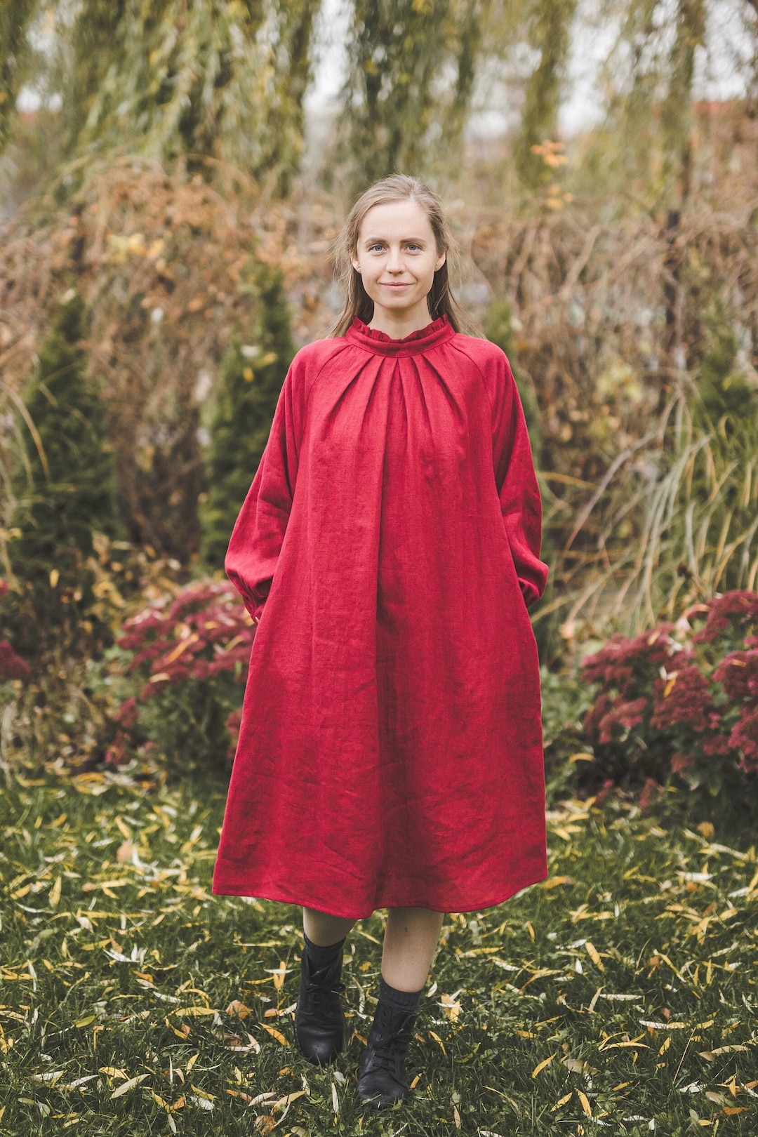 Scarlet Red Ruffled Linen Dress With Puffy Sleeves & Frills Collar ...