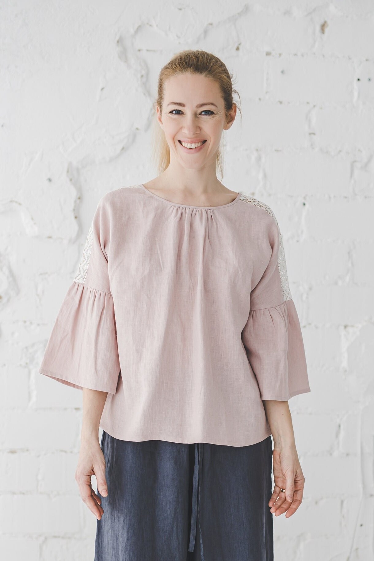 Pink Linen Blouse With Lace Vintage Linen Top With Crochet - Etsy