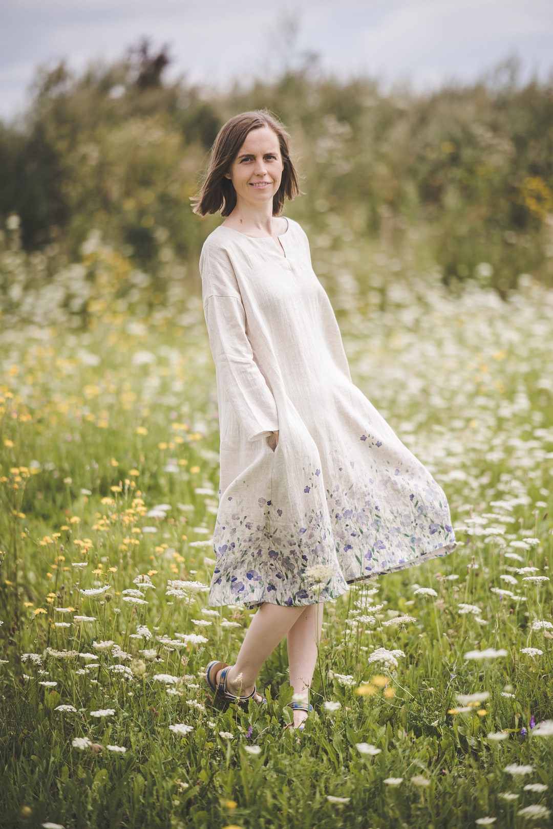 Oversized Linen Midi Dress With Floral Print, Long Sleeves Flowy Floral ...