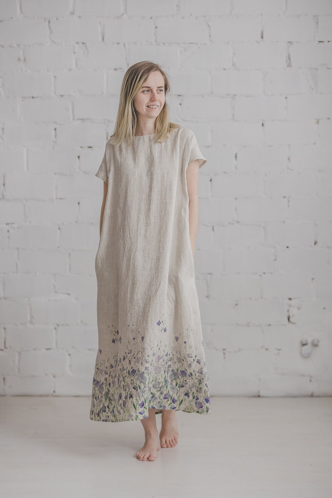Natural Linen Dress With Meadow Print, Size XS-S, Floral Linen Maxi ...