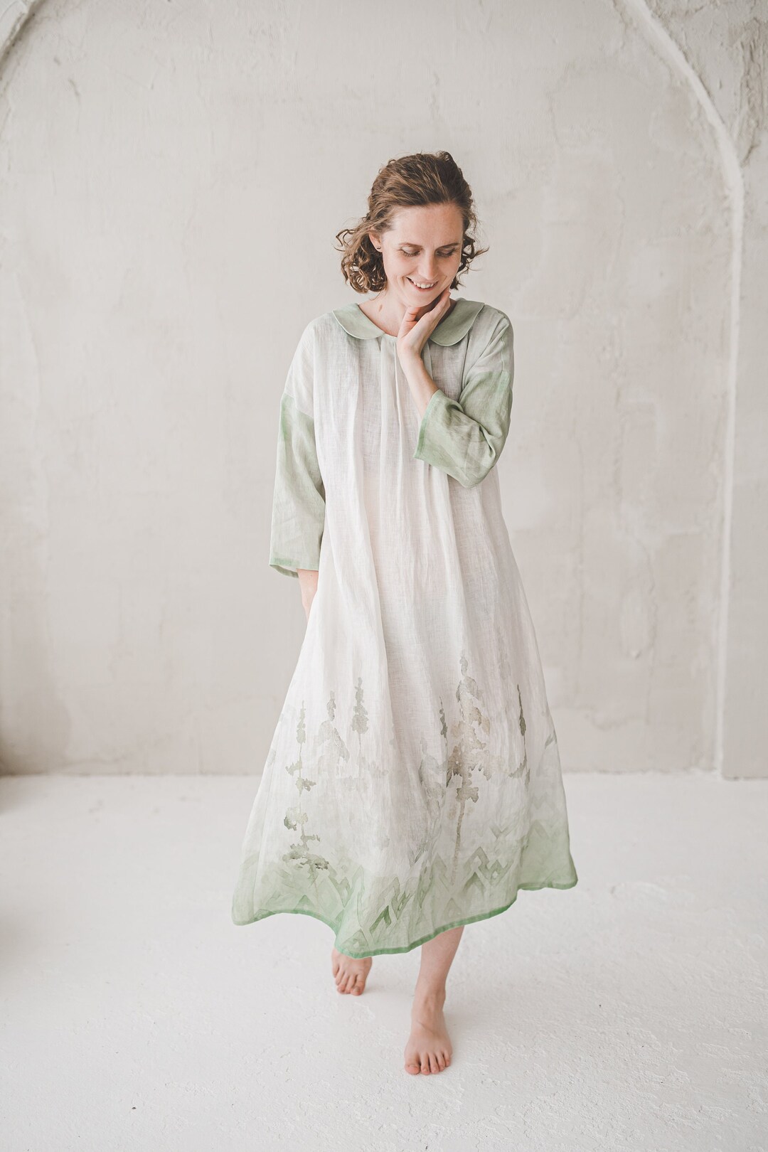 Natural Linen Dress With Green Ombre Forest Print, Long Sleeves Peter ...