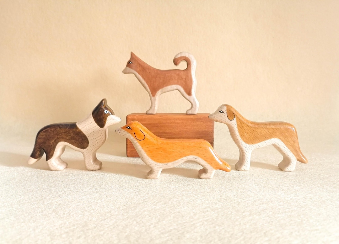Handmade Wooden Dog Figurines Set: Collie, Dachshund, Labrador ...