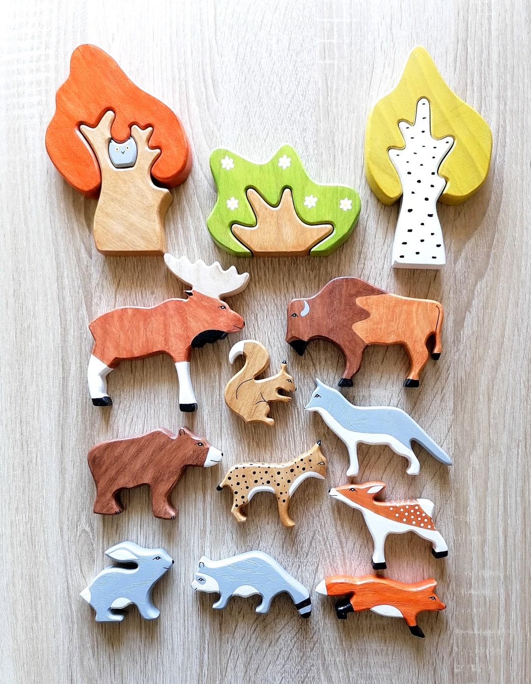 Big Set Forest Animals Toys(10 Pcs) + Wooden Puzzles Trees(3 Pcs ...