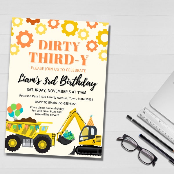 Excavator 3rd Birthday Invitation - Etsy