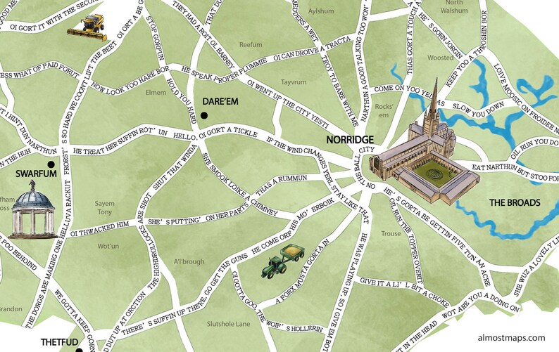 Norfolk Map of Sayings | Norfolk Gift Map | Norfolk Phrases | Normal for Norfolk | Illustrated ...