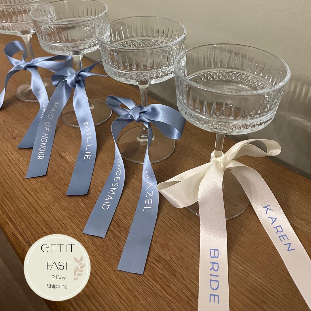 Personalised FRENCH Blue Ribbon for Bridesmaid Champagne Coupe Glass ...
