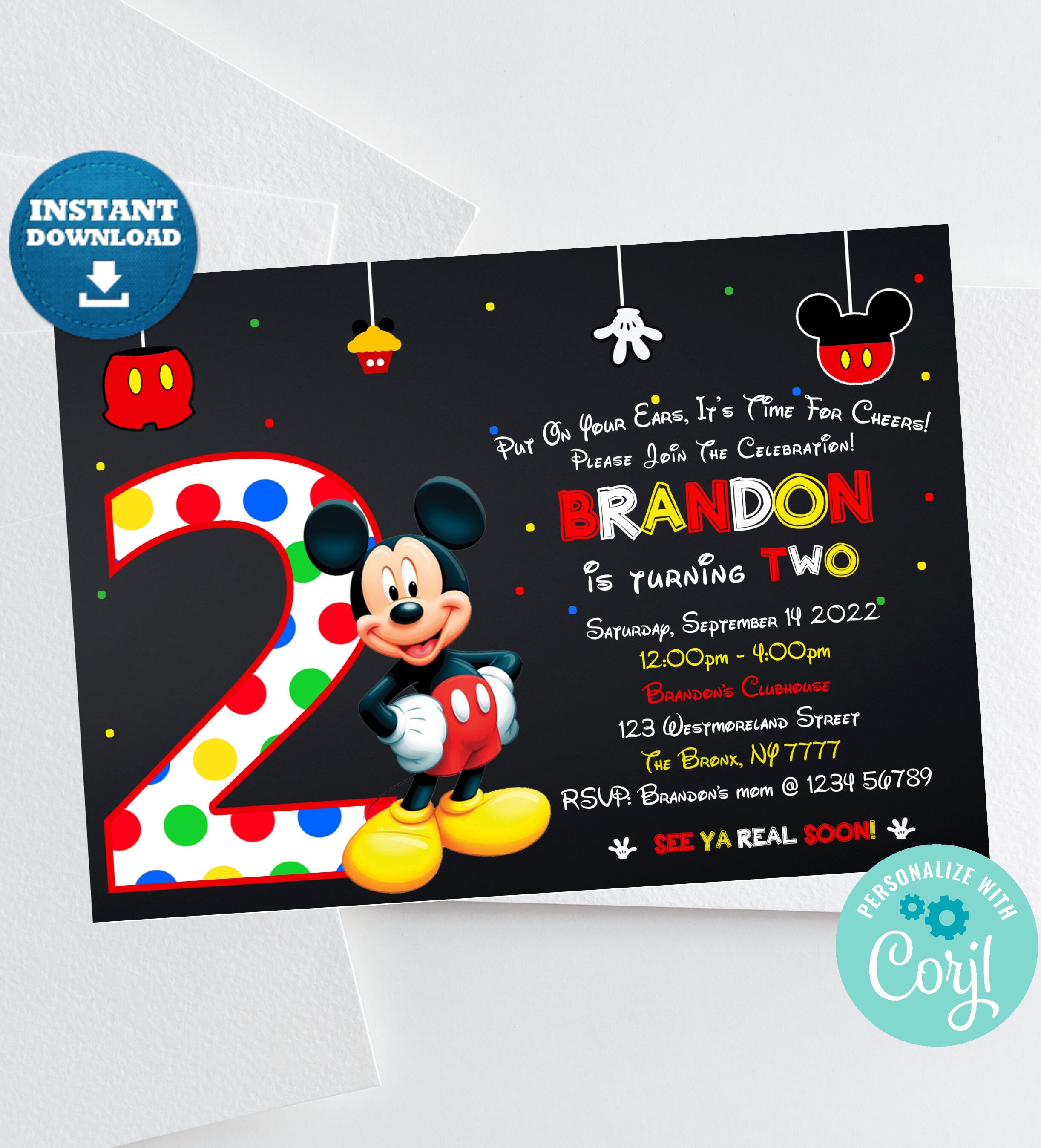 Mickey Mouse 2nd Birthday Invitation, Mickey Mouse Invitation Instant ...