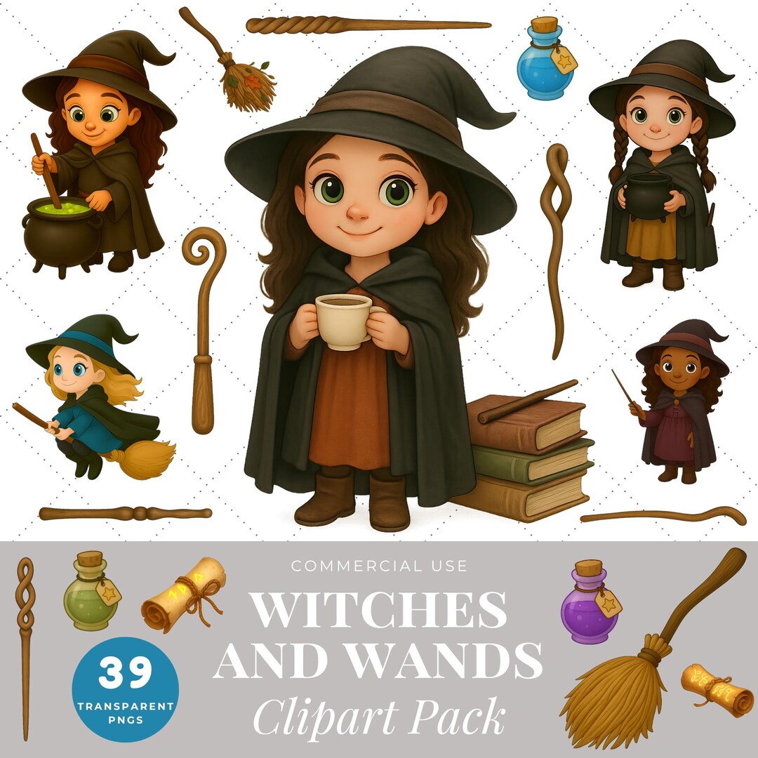 Witches and Wands Clipart Pack | Cute Witch Pngs | Magical Halloween ...