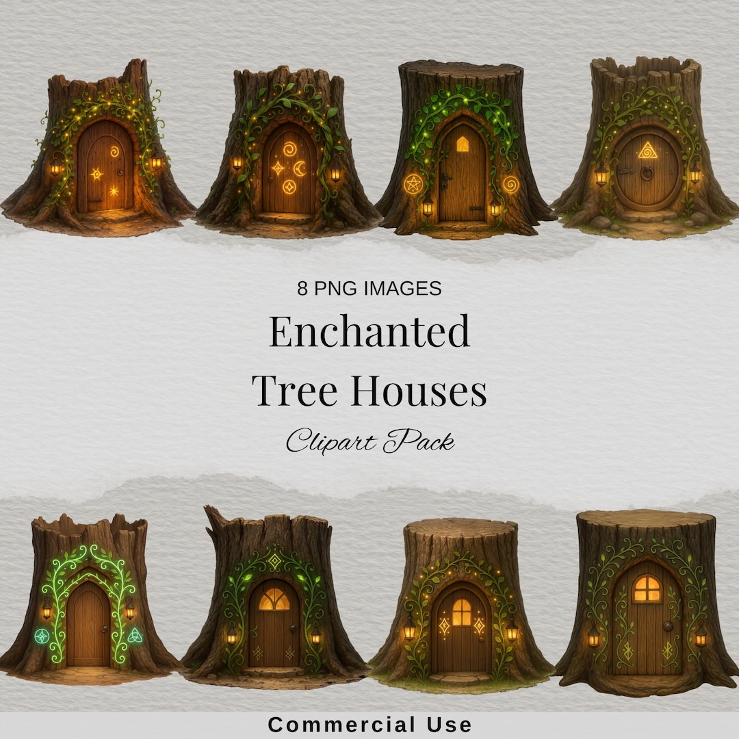 Enchanted Tree House Clipart | 8 PNG Fantasy Fairy Doors | Woodland ...