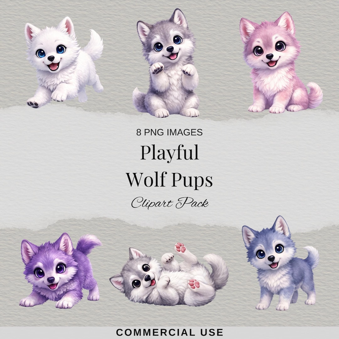 Playful Wolf Pups Clipart | Cute Baby Wolves | Kawaii Wolf Puppies Art ...