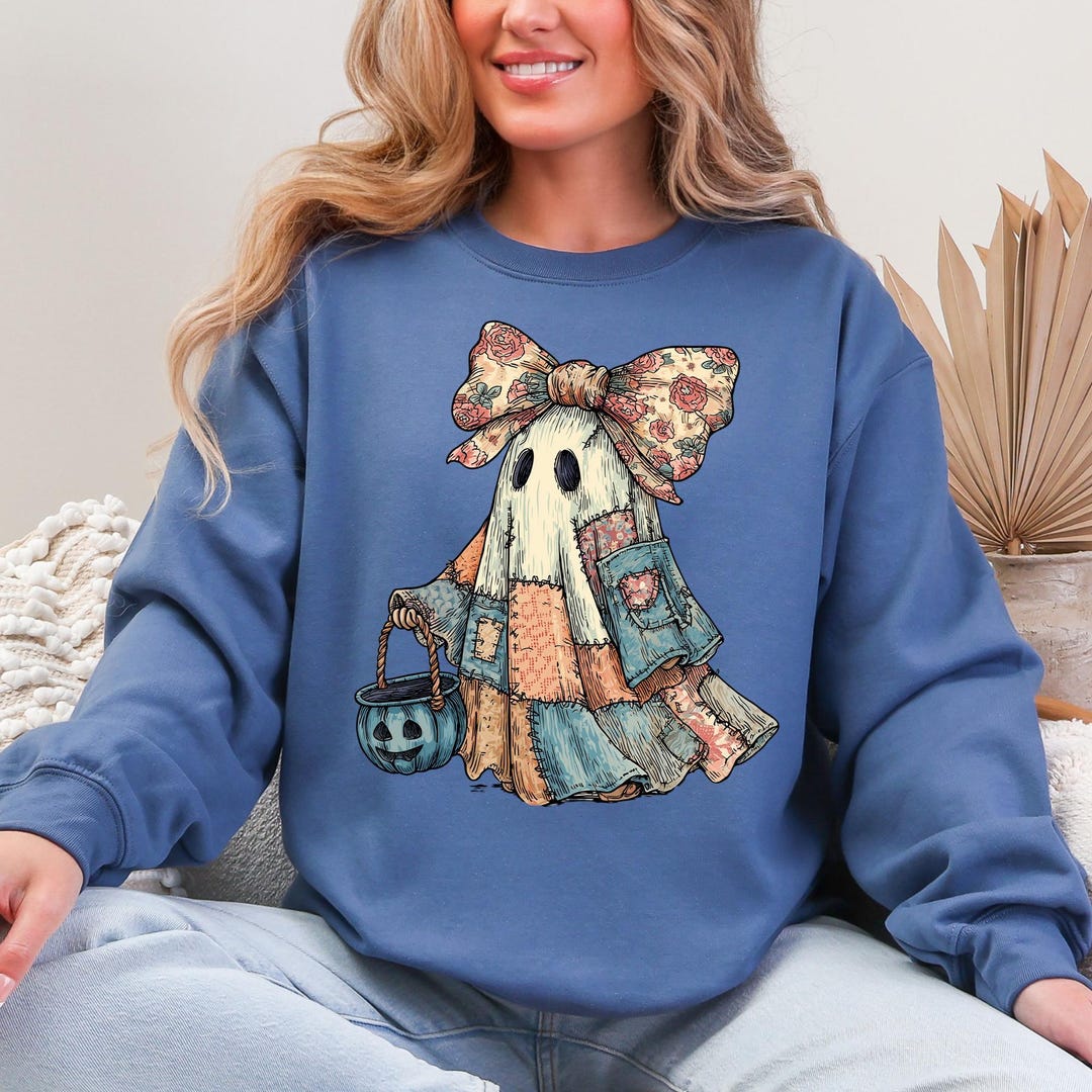 Retro Halloween Faux Denim Ghost, Faux Patchwork Spooky Ghost, Cute Boo ...