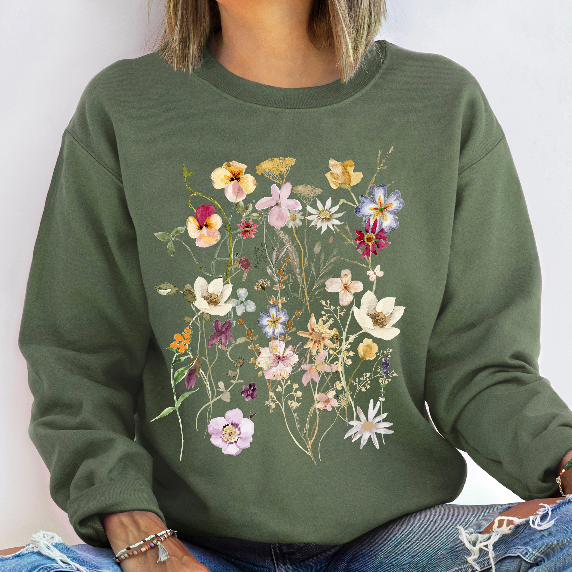 Vintage Pressed Flowers Sweatshirt, Boho Cottagecore Pastel Botanical ...