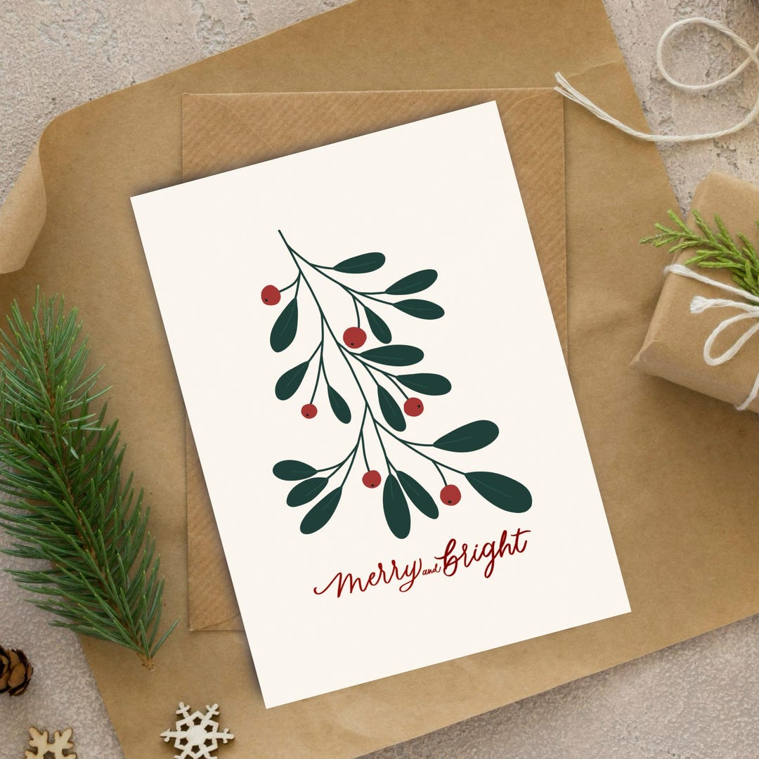 Printable Merry and Bright Christmas Card | Modern Botanical Digital ...