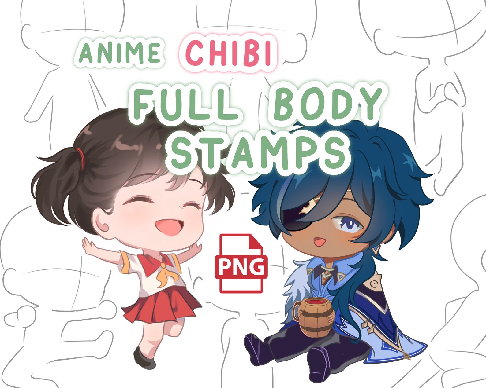 Anime Chibi Full Body Stamp PNG Brush Set - Body Pose Guide Stamps ...