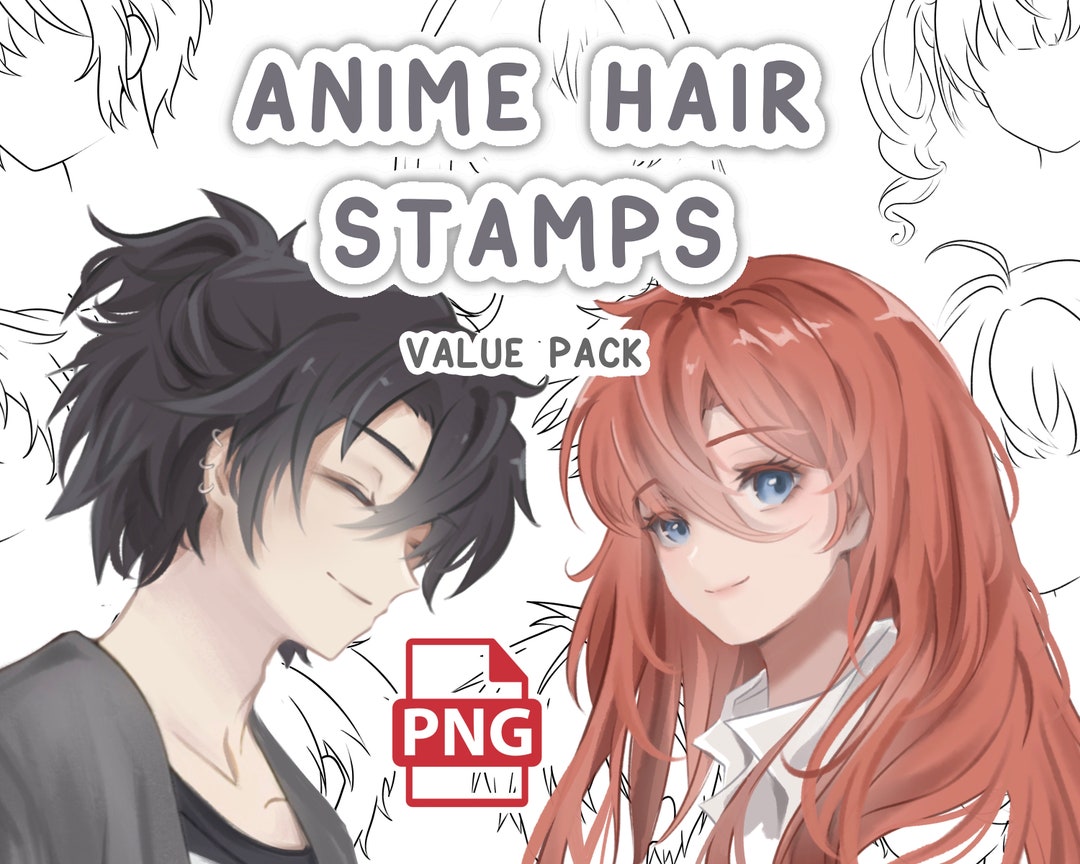 Soft Anime Style PNG Hair Stamp Set - Girl Hair / Boy Hair Lineart ...