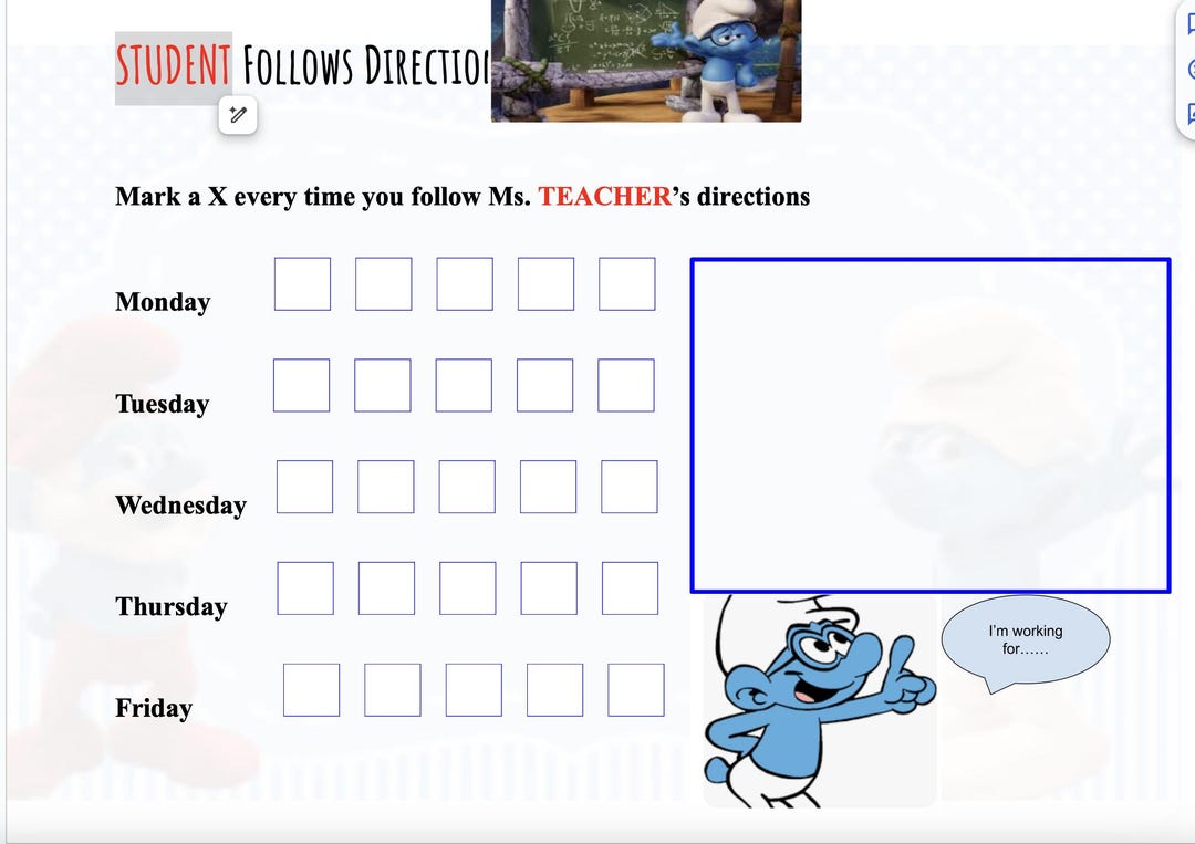 Self-management Self-monitoring Worksheet for Classroom - Smurfs ...