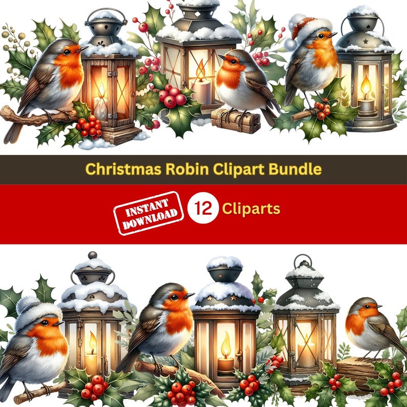 12 Christmas Robin Clipart Set , Printable Watercolor Clipart, High ...
