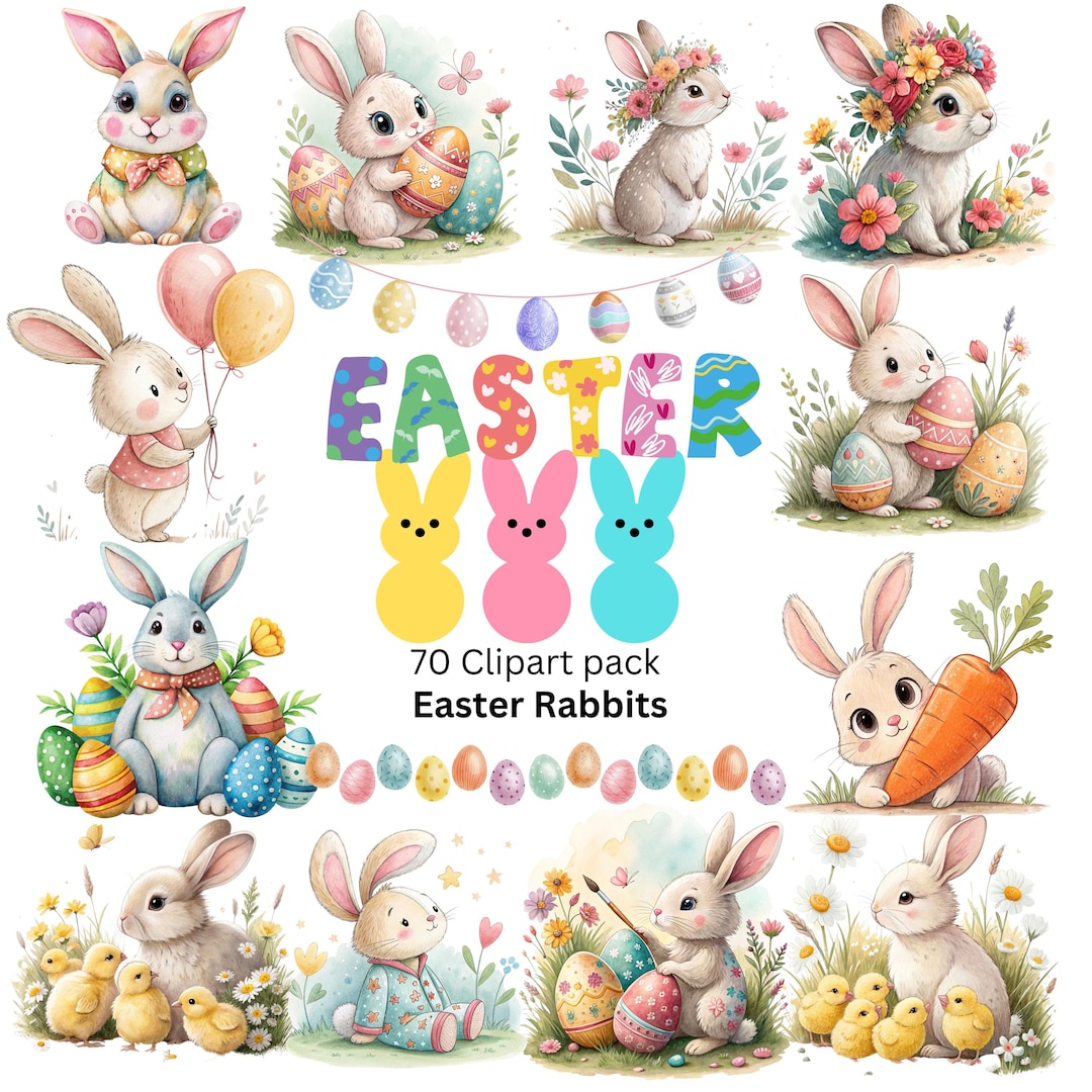 Easter Bunny 70 Clip Art PNG Bundle, Clipart Set , Printable Watercolor ...