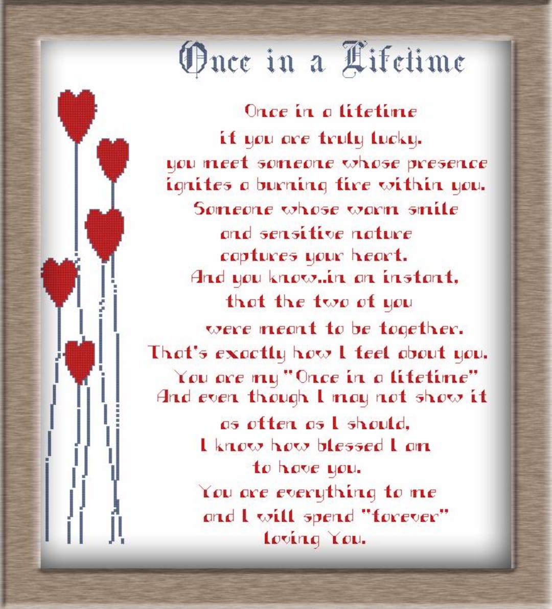 Once in a Lifetime Poem Cross Stitch Pattern - Heart DIY Embroidery ...