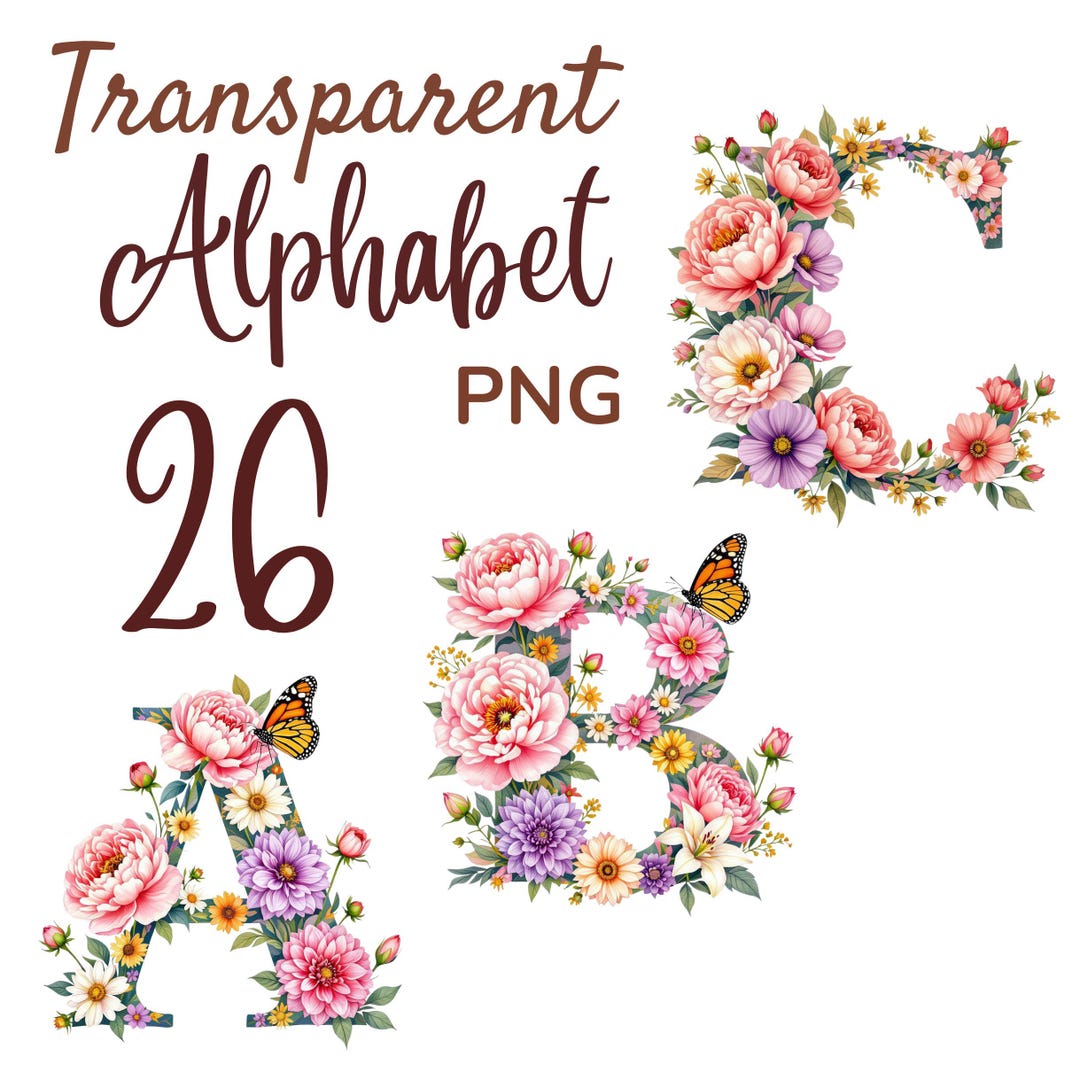 26 PNG, Watercolor Spring Floral Alphabet Collection Clipart, Alphabet ...