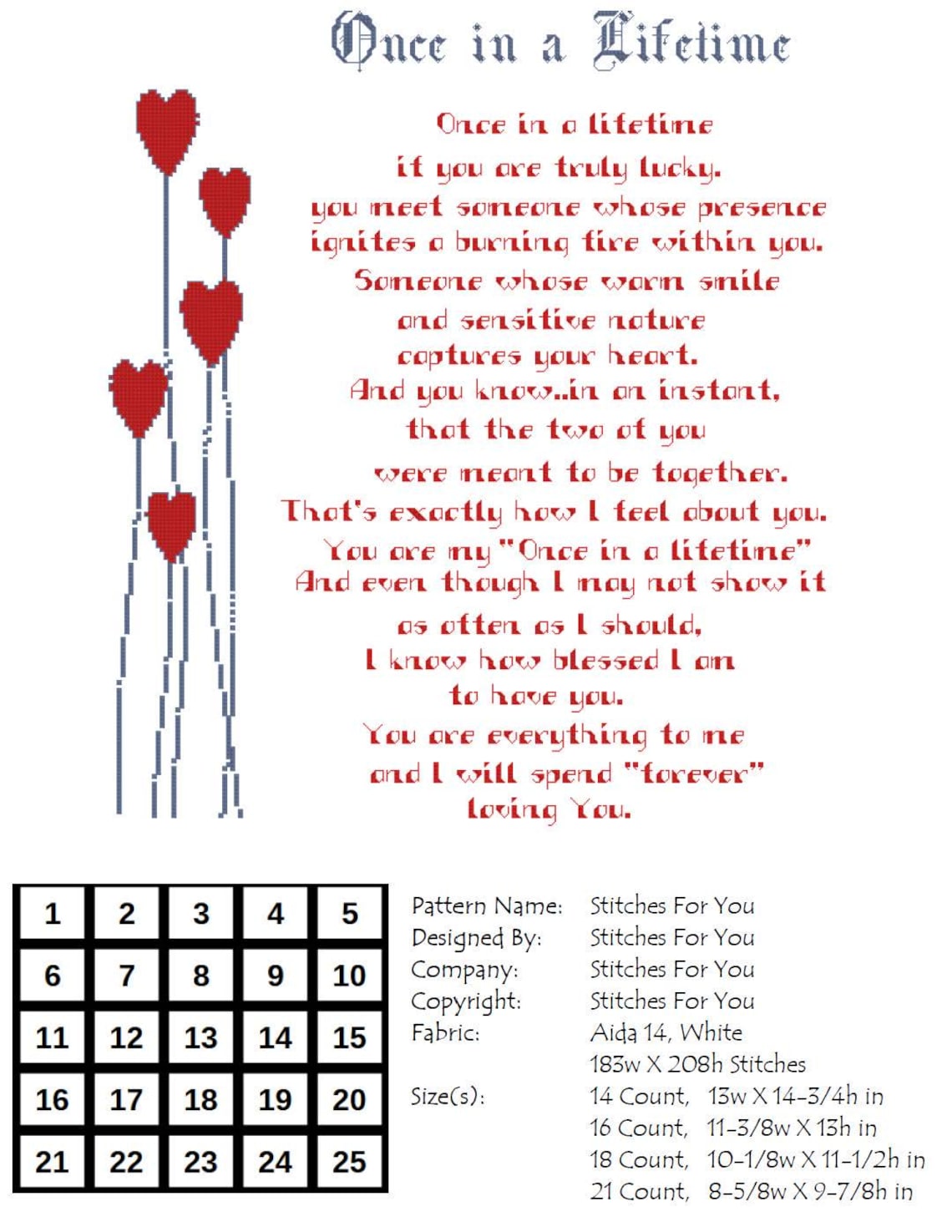 Once in a Lifetime Poem Cross Stitch Pattern - Heart DIY Embroidery ...