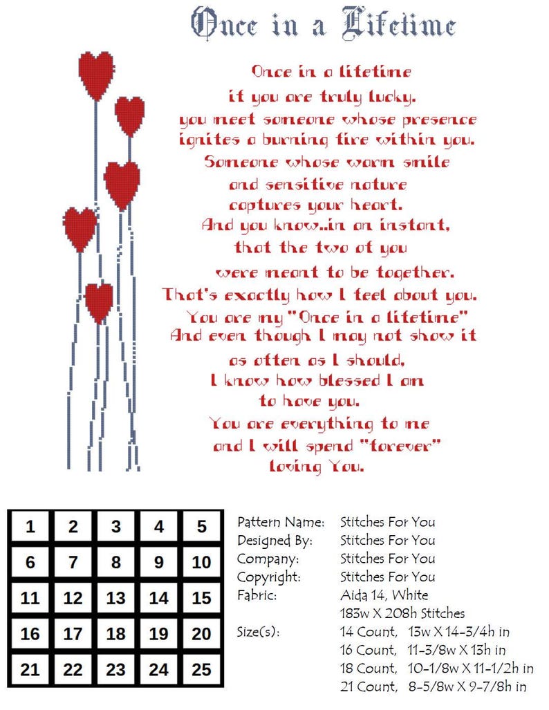 Once in a Lifetime Poem Cross Stitch Pattern - Heart DIY Embroidery ...
