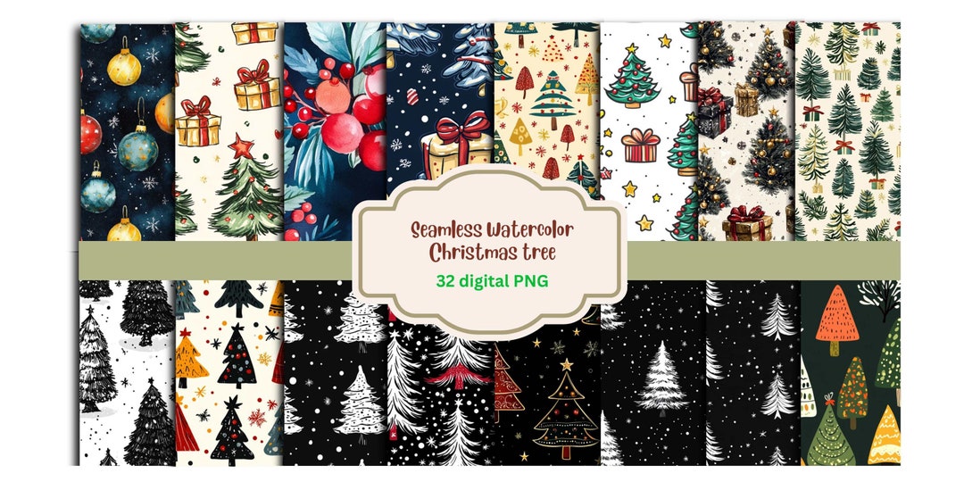 Watercolor Christmas Tree Digital Paper Set Christmas Seamless Patterns ...