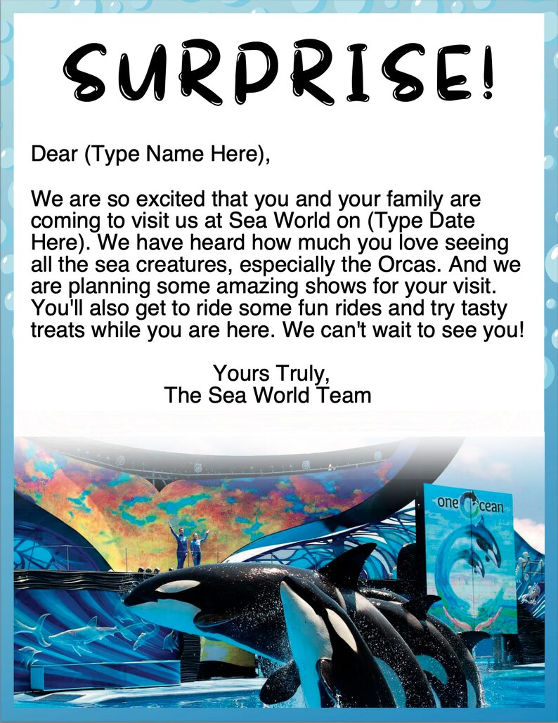 Editable Sea World Theme Park Surprise Letter INSTANT - Etsy