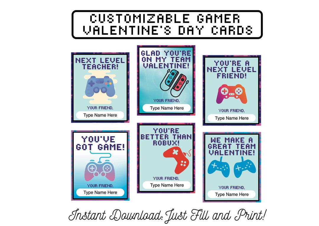 Customizable Gamer Valentine's Cards Set of 6, INSTANT DOWNLOAD, Edit ...