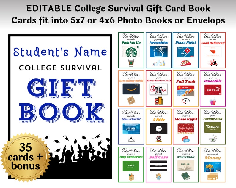 Editable College Survival Gift Card Book Gift for College Student Gift ...