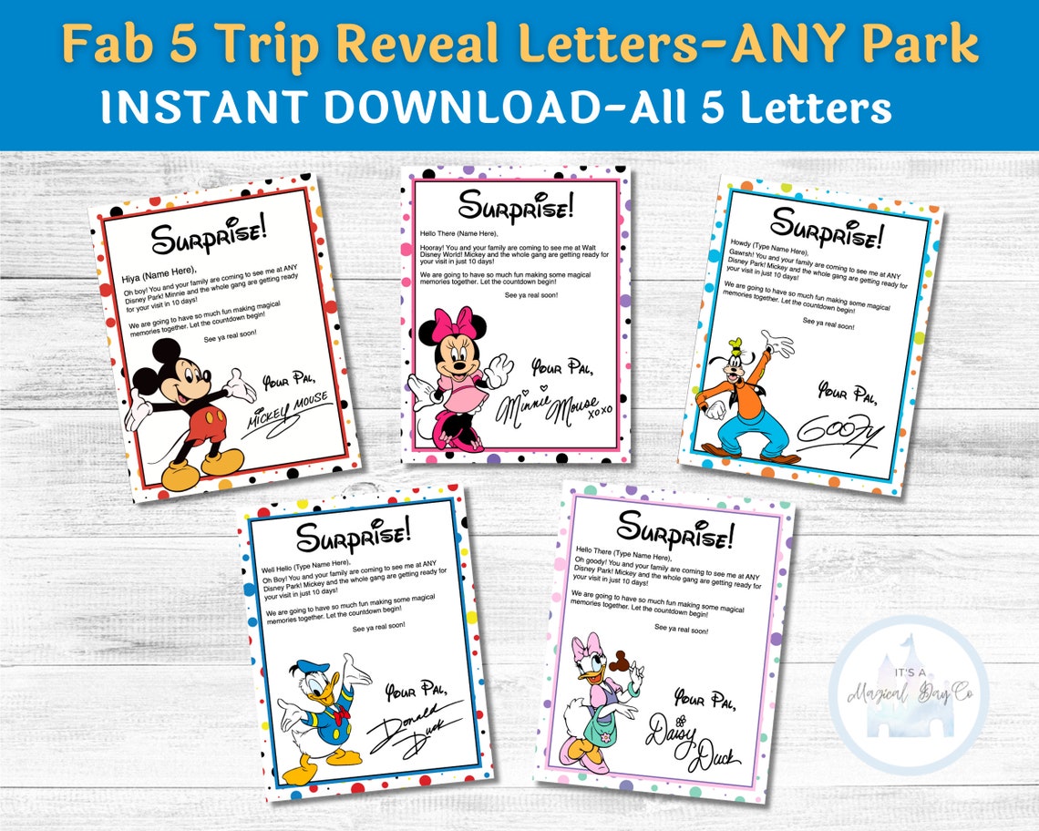Editable Letters From Mickey Minnie Donald Daisy and Goofy, Trip Reveal ...