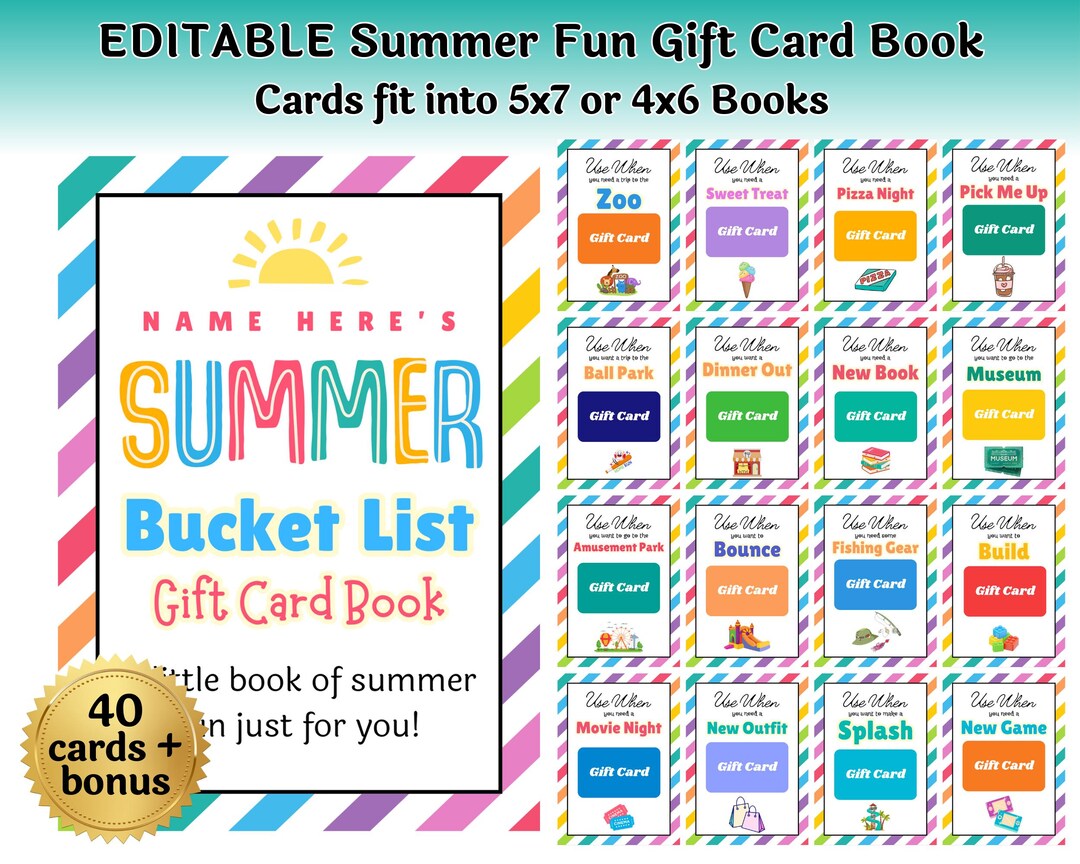Editable Summer Fun Gift Card Book Last Minute Gift Child Teen or Young ...