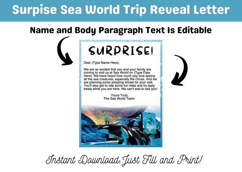 Editable Sea World Theme Park Surprise Letter, INSTANT DOWNLOAD ...